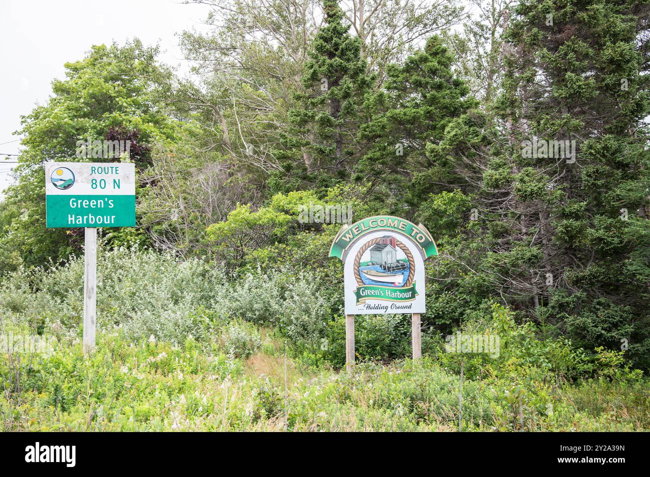 Route 80 N and welcome signs in Green's Harbour, Newfoundland ...