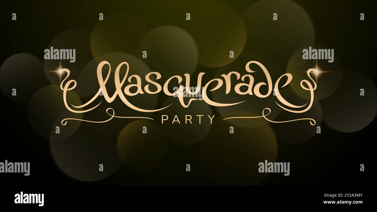 masquerade party invitation design with gold lettering font isolated ...