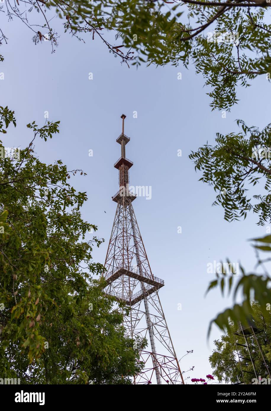 isolated transmission tower with bright sky background at evening Stock ...