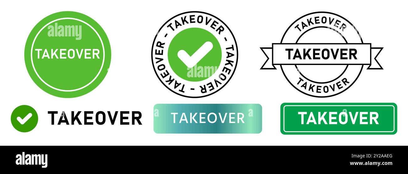Takeover stamp green badge taking owner business deal logo symbol plan ...