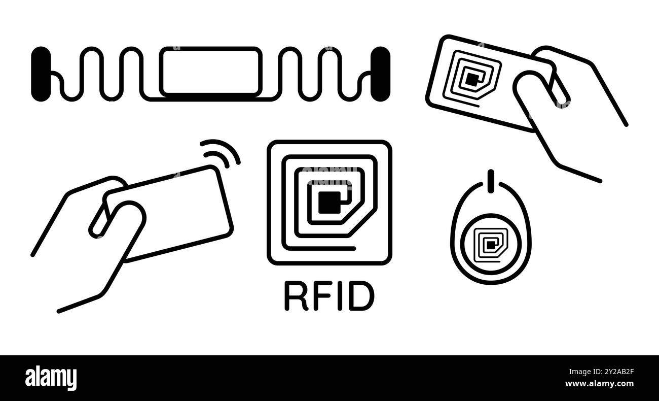 RFID radio frequency identification icon set collection outline black in white background hand ...