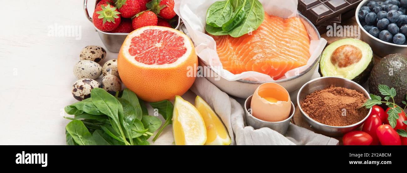 Food for healthy skin. Assortment of various natural food products high ...