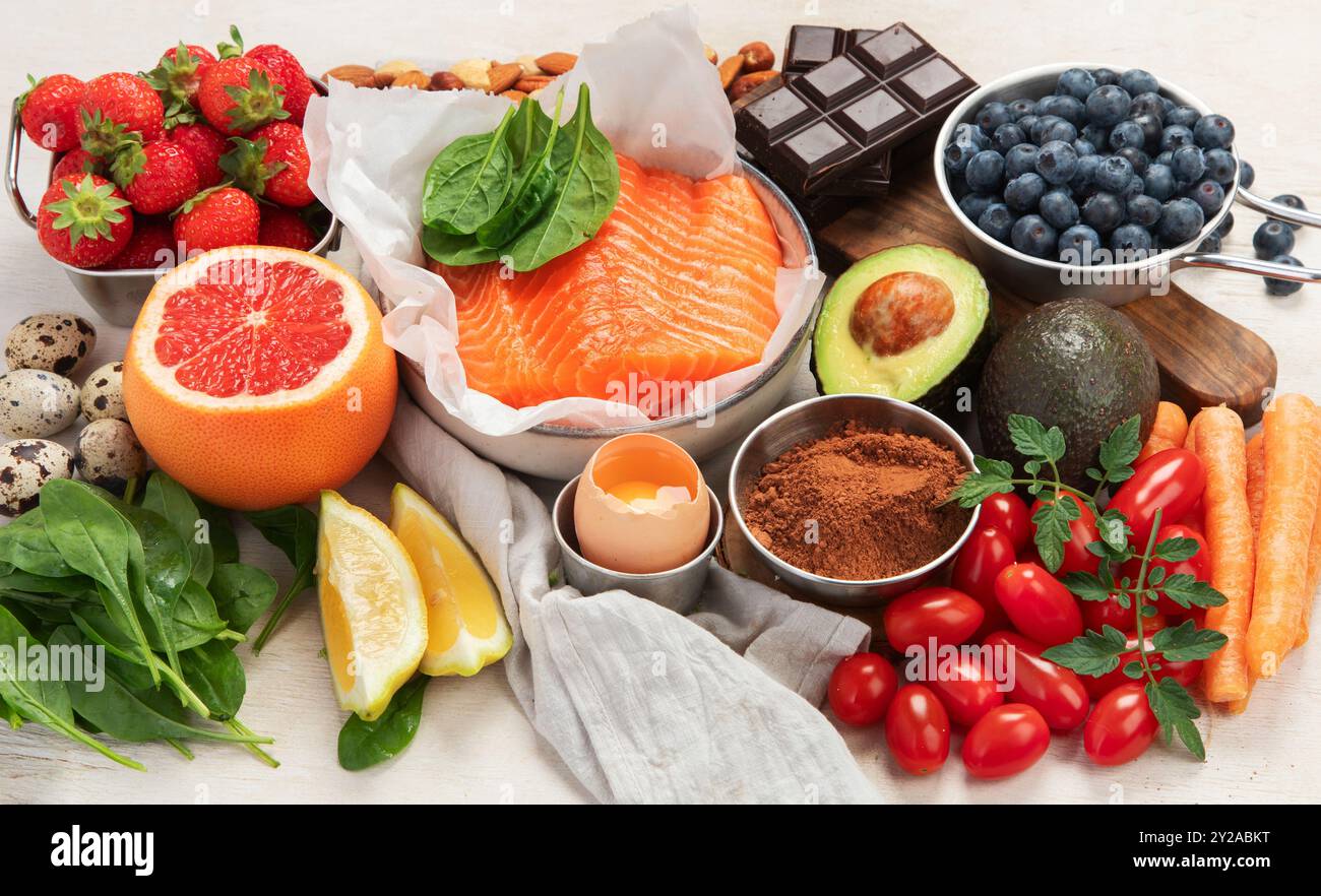 Food for healthy skin. Assortment of various natural food products high ...