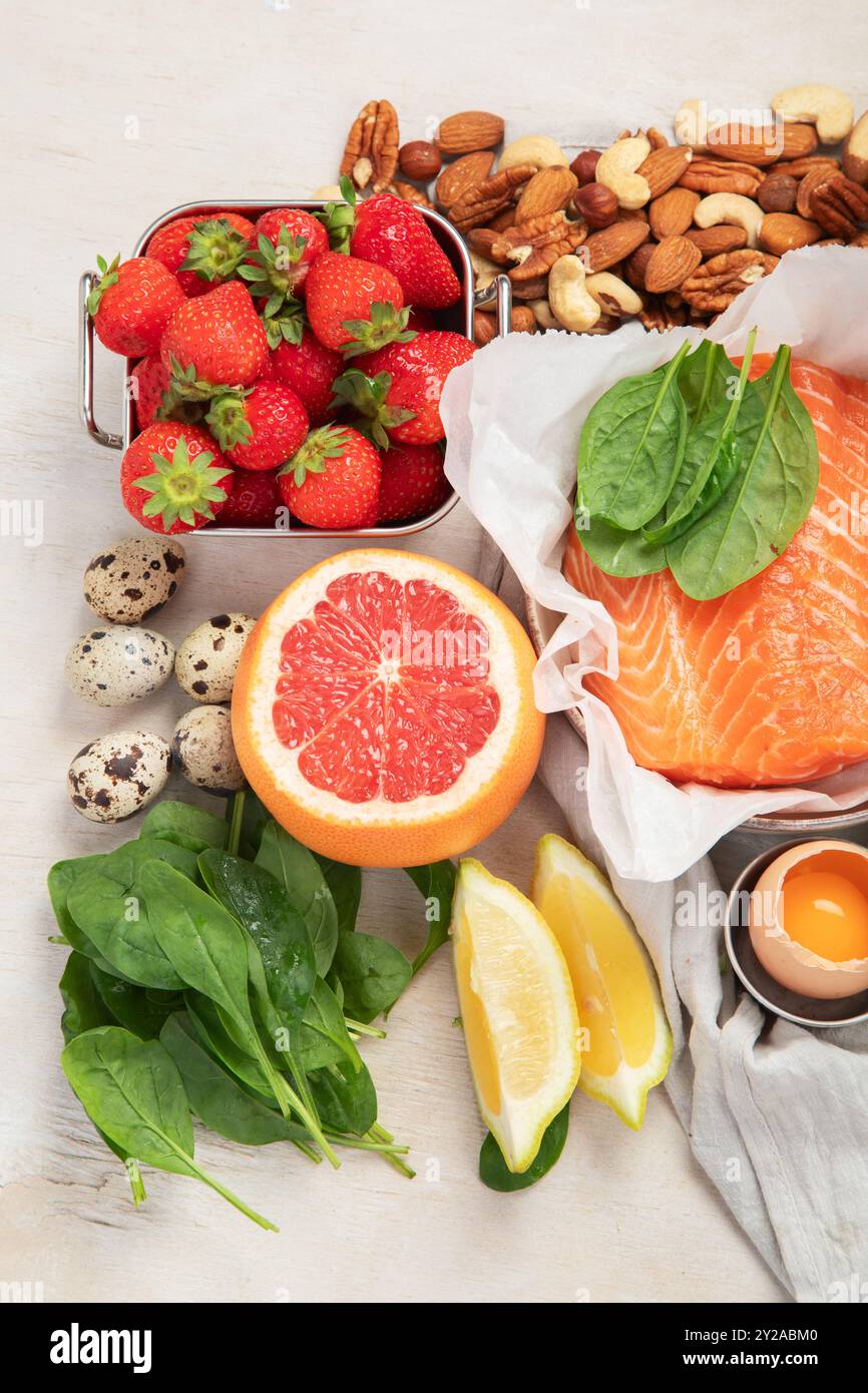 Food for healthy skin. Assortment of various natural food products high ...