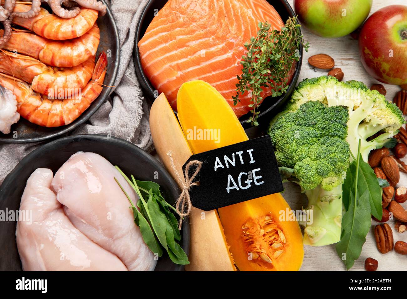 Anti Aging foods on light background. Food for healthy heart, brain and ...