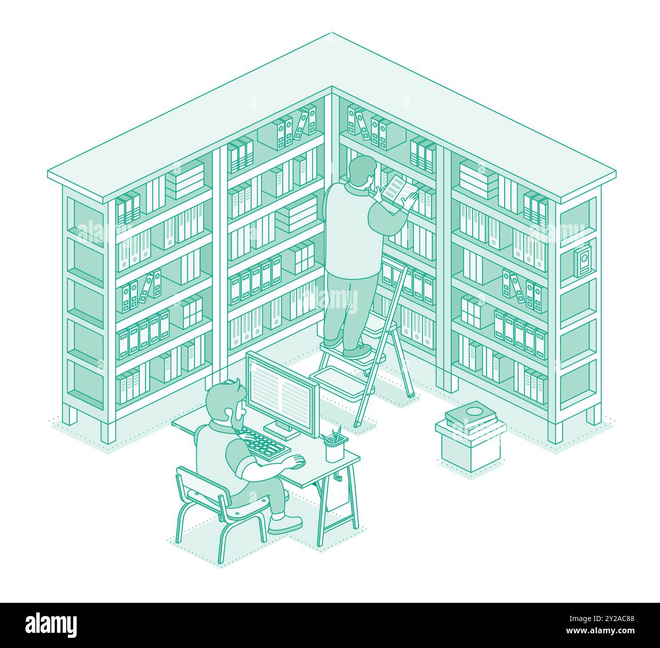 Isometric library with books on shelves. Man stand on ladder and read ...