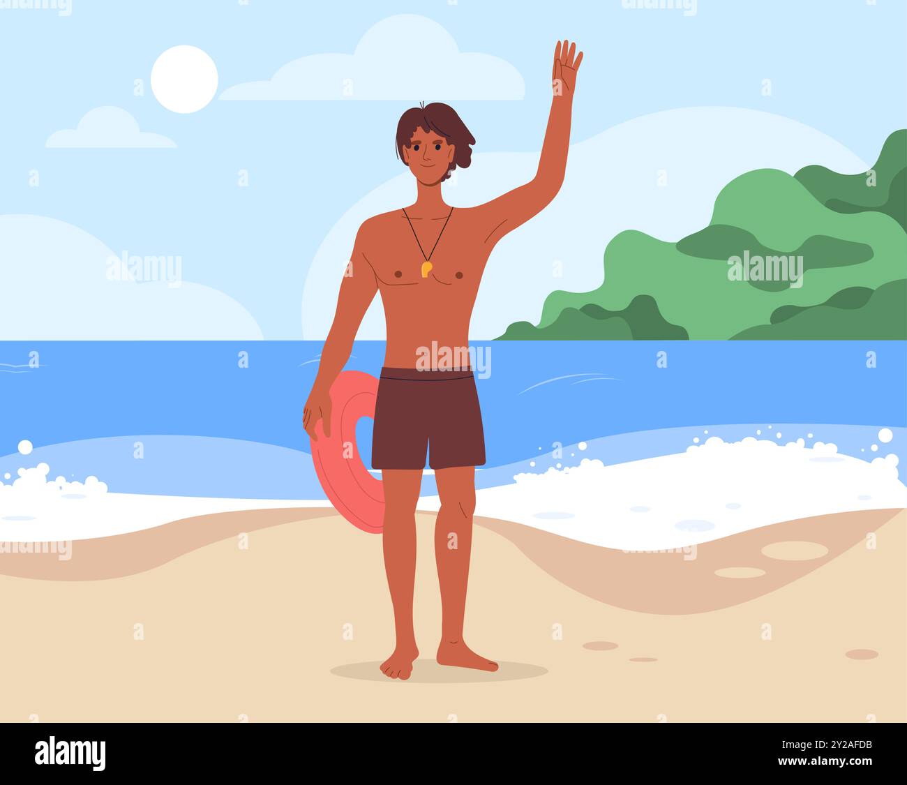 Beach patrol man. Young guy in swimming trunks with inflatable ring ...