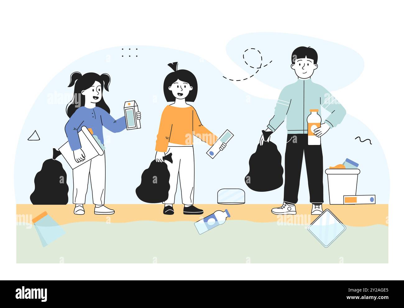 Children clean up garbage. Girls and boy with garbage bag collect ...