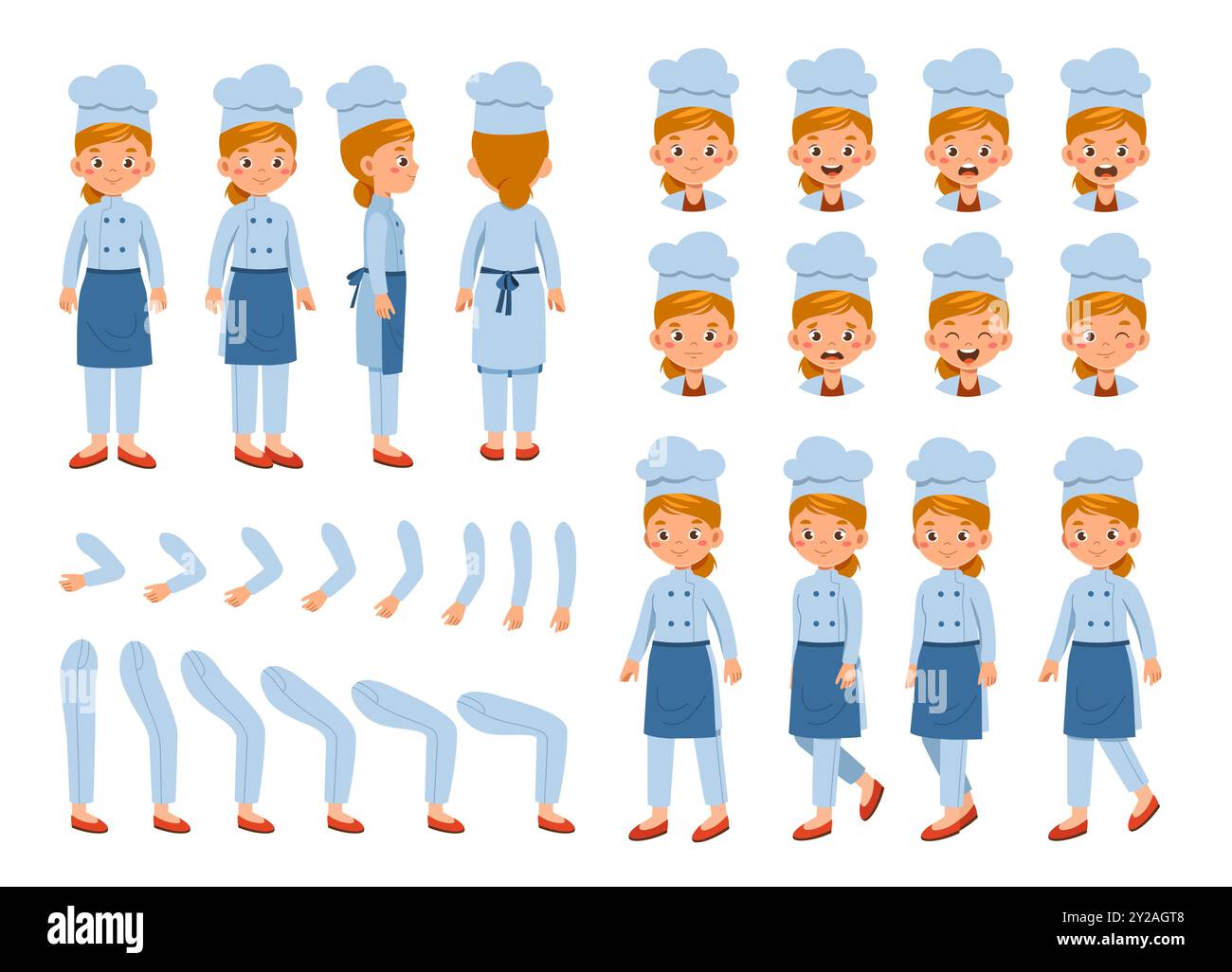 Female chef constructor. Woman in apron and hat. Pack of heads, legs ...