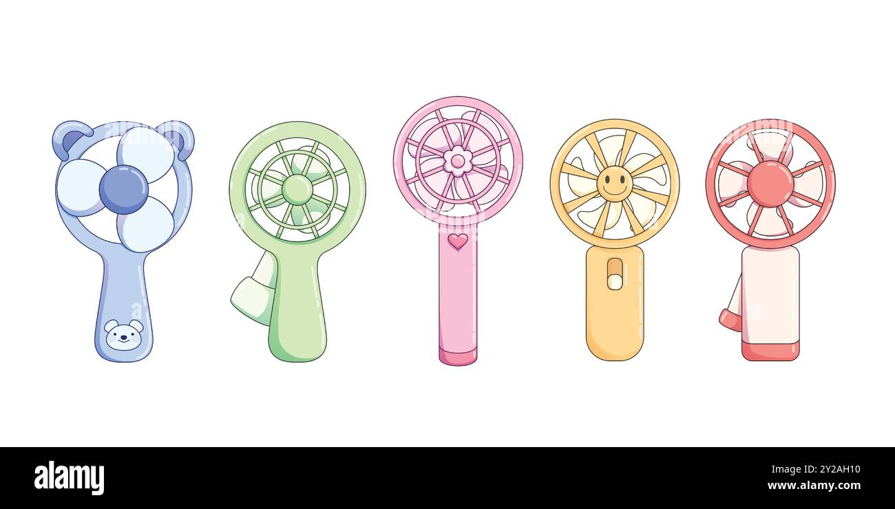 Cute portable handheld electric fan. Cartoon vector illustration set of ...