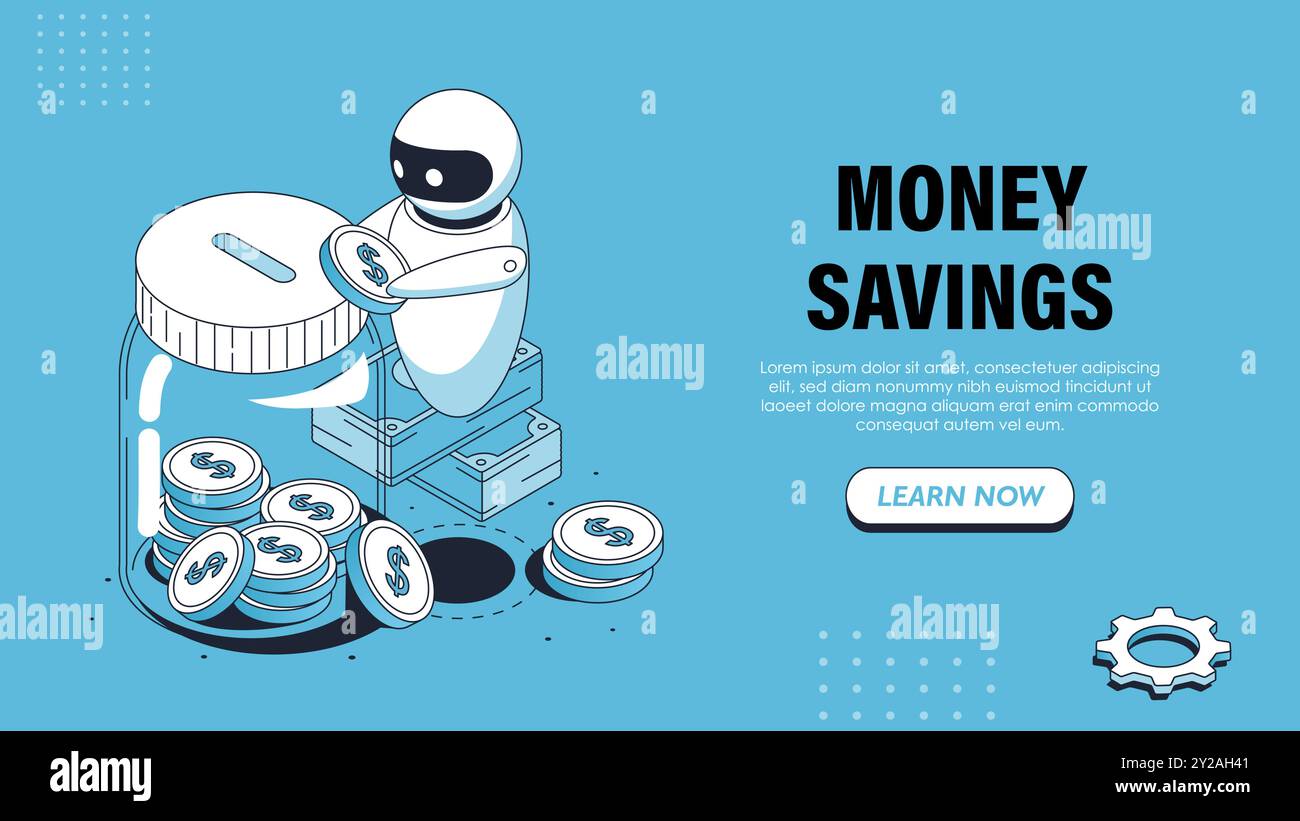 Isometric money savings bot poster. Internet bot with glass jar with coins. Virtual assistant ...
