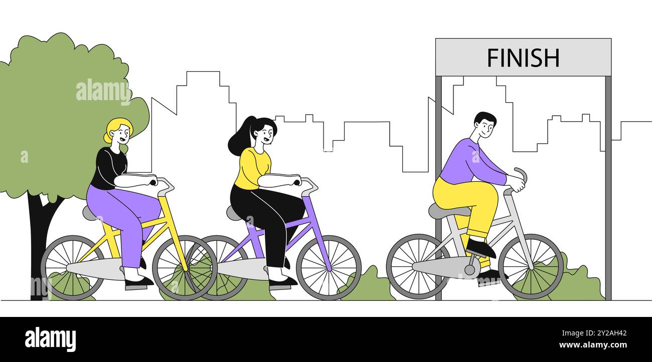 Cycling marathon concept. Man and women on bicycles ride to finish line. Competitions and ...