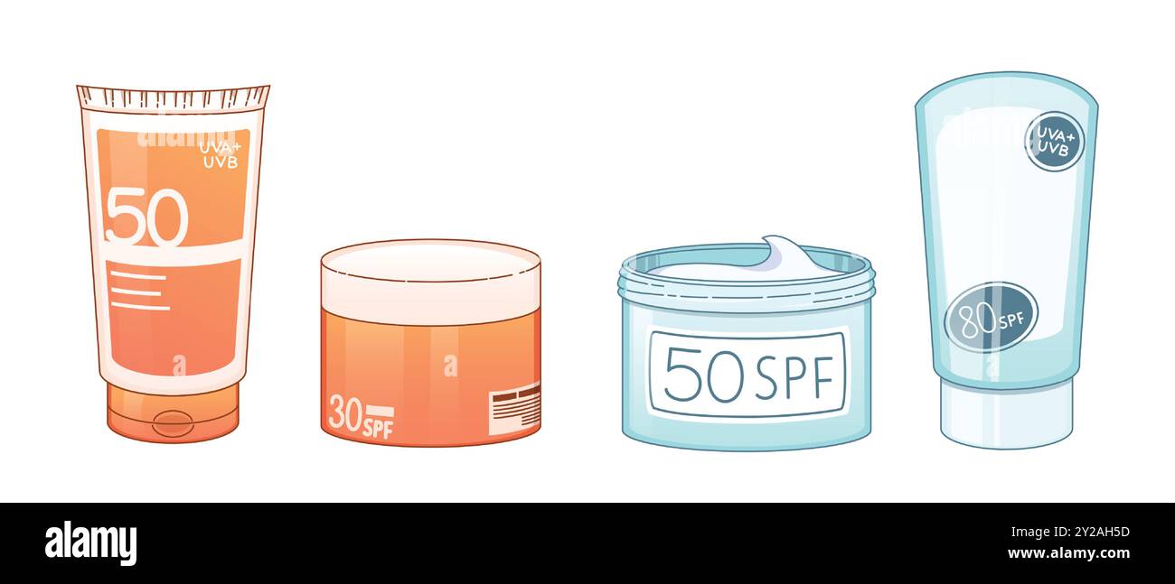 Sunscreen cream in plastic tube and jar. Cartoon vector illustration ...