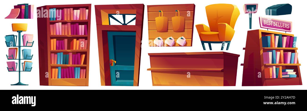 Bookstore interior furniture and equipment cartoon vector set ...