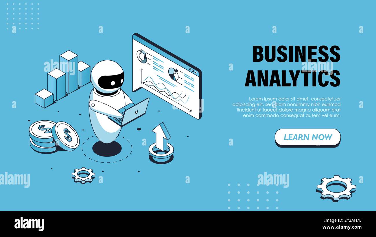 Isometric business analytics poster. Internet bot with graphs, charts ...