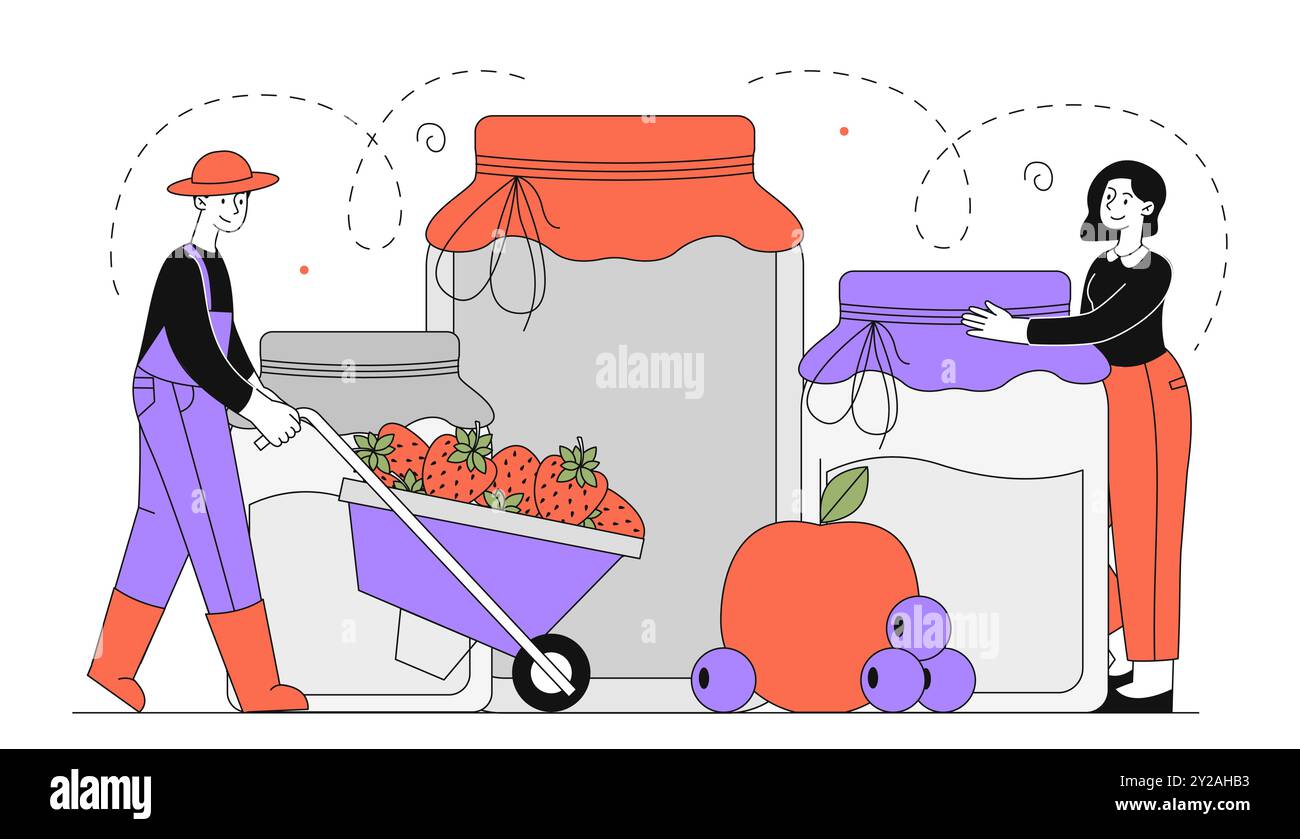 People making jam. Man and woman making sweets from natural and organic ...