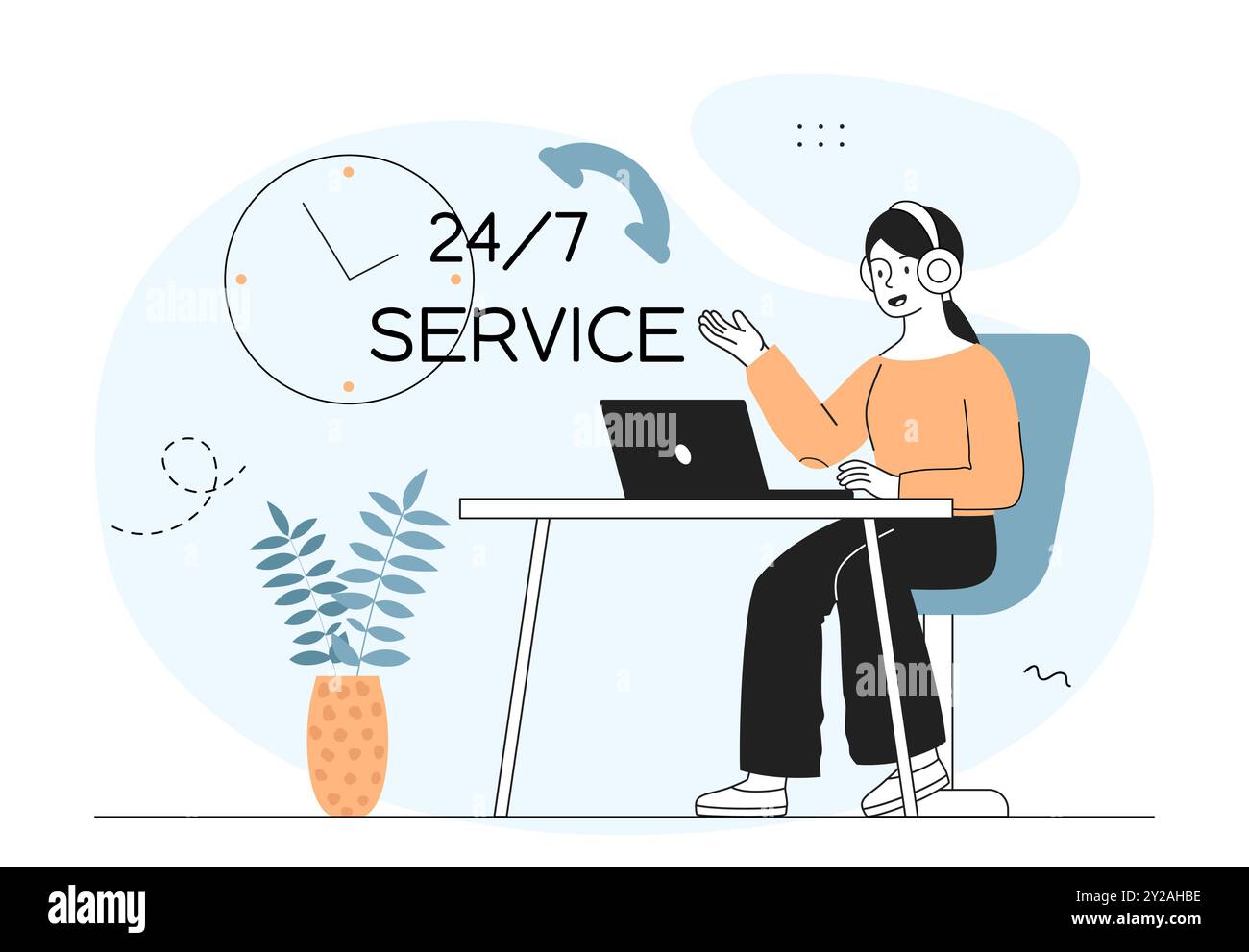 Hot line operator woman. Young girl in headset with laptop. Technical ...