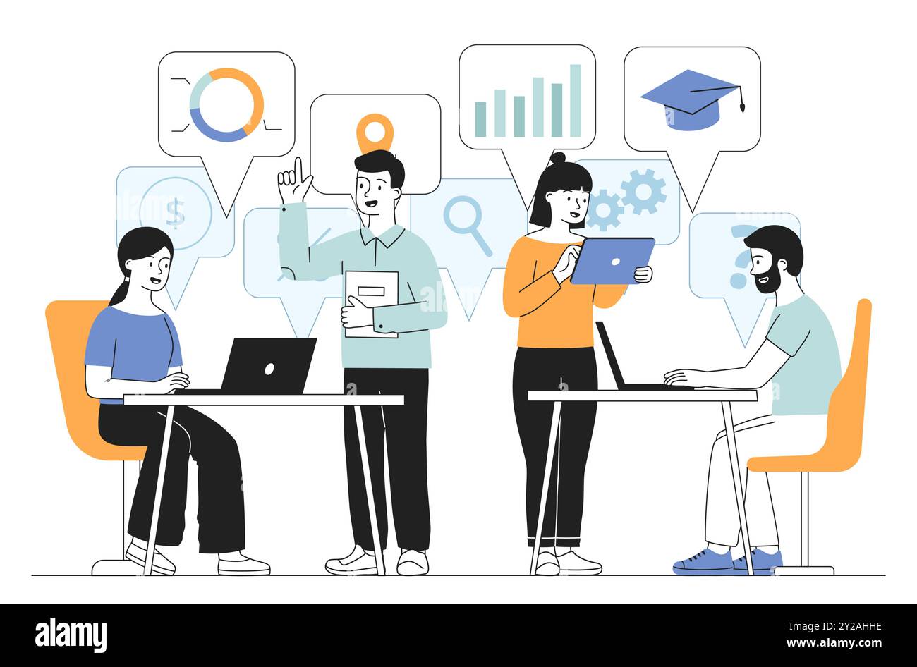 Teamwork in office. Men and women with graphs and diagrams ...