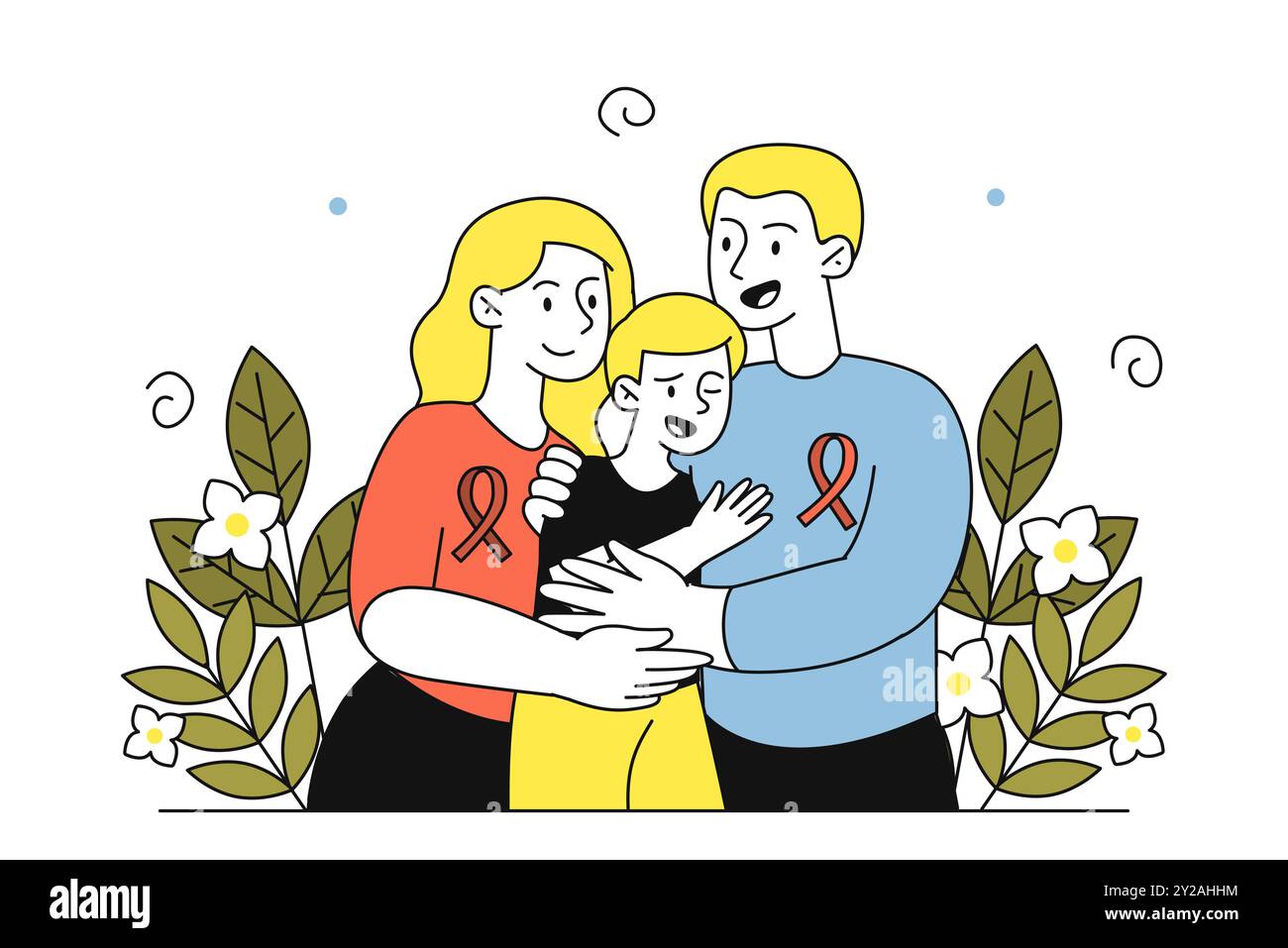 Tourette syndrome family. Man and woman hug boy. People with ...