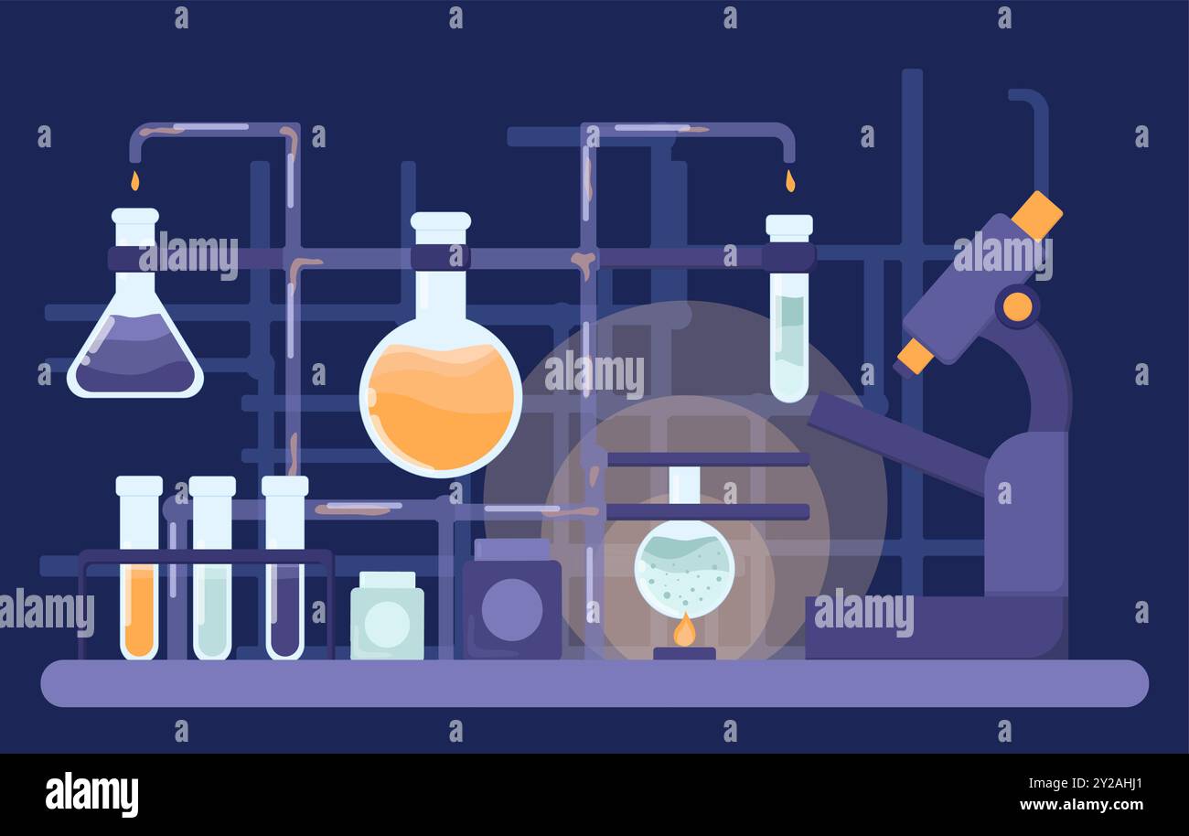 Laboratory at night. Microscope and flasks with reagents. Equipment for ...