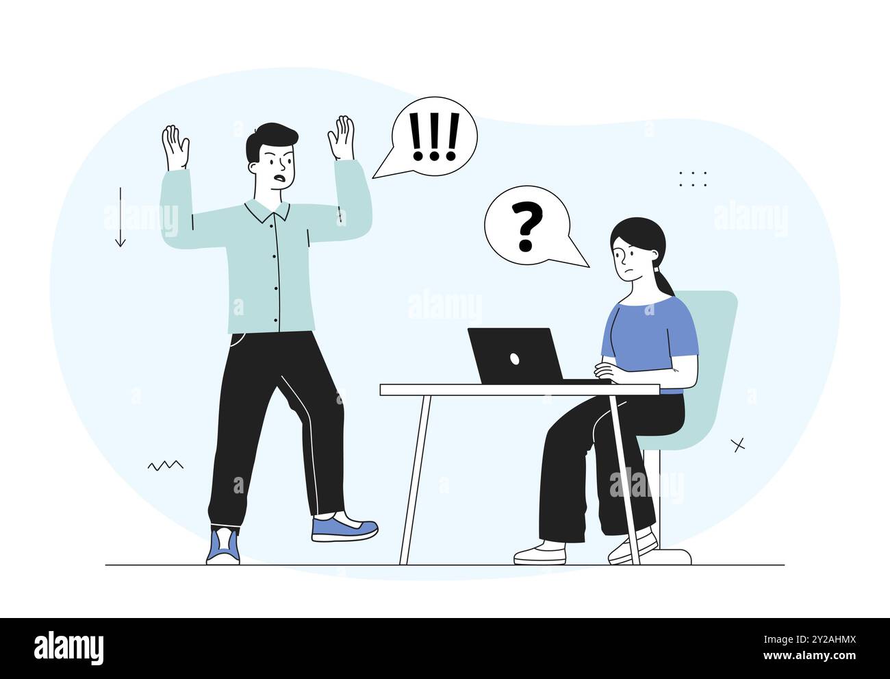 Quarrel of workers. Man and woman shout at each other in workplace ...