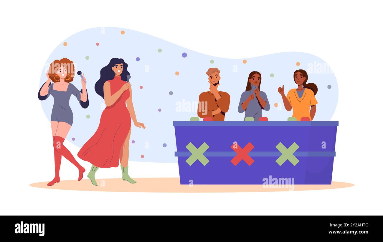 Singing contest concept. Women with microphones speak to jury ...