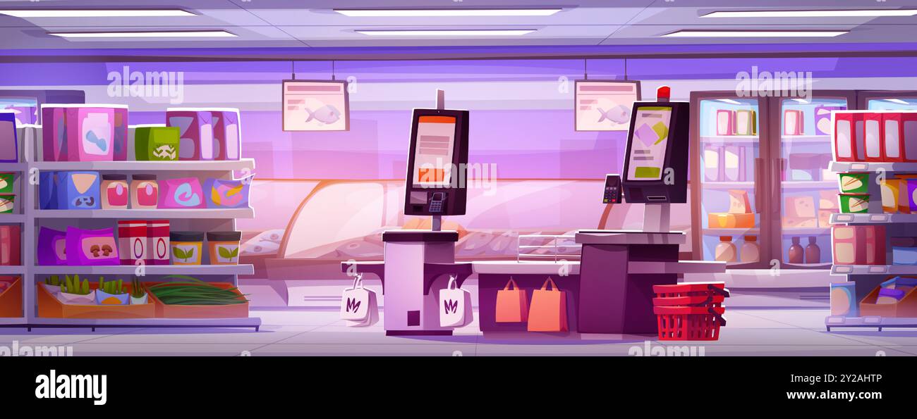 Supermarket self service for checkout and payment. Grocery scan on ...