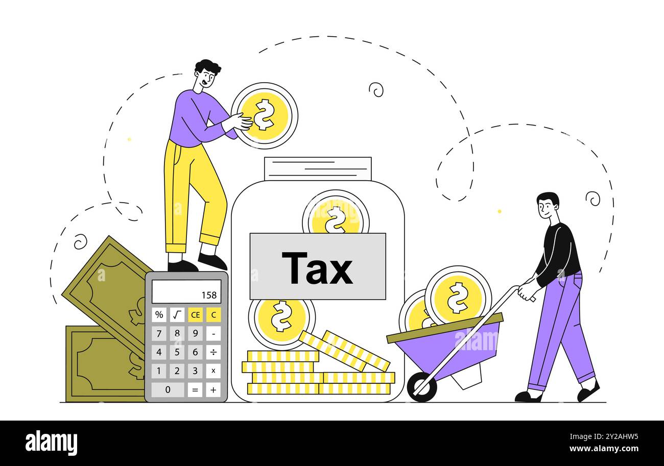 People with tax. Men with banknotes and gold coins near glass jar ...