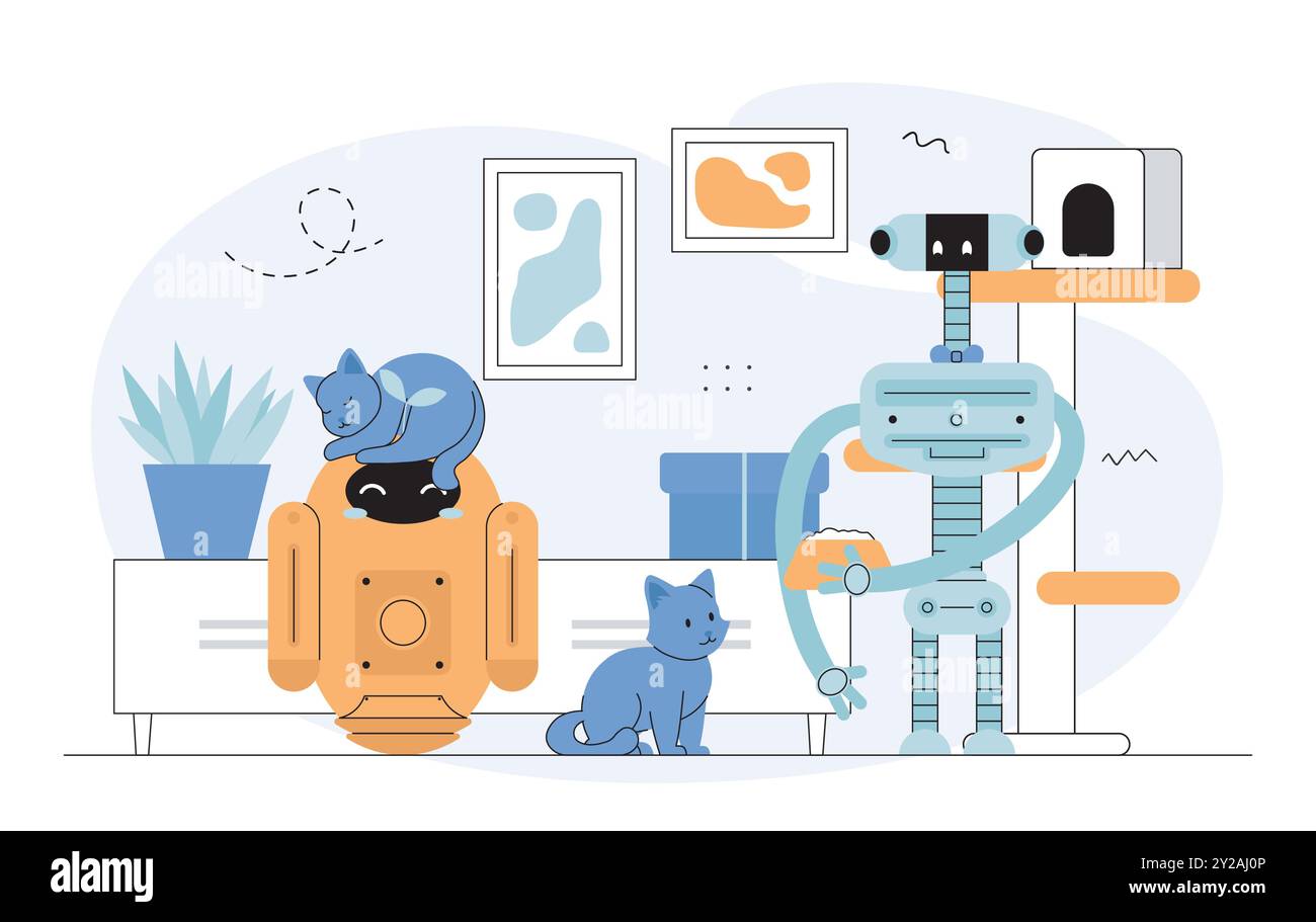 Robots care of cats. Robots with kittens in apartment. Artificial ...