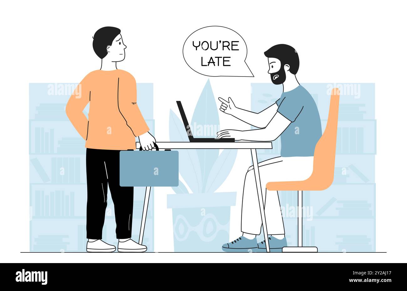 Worker was late. Boss is unhappy with his late subordinate. Irresponsible employee with poor ...