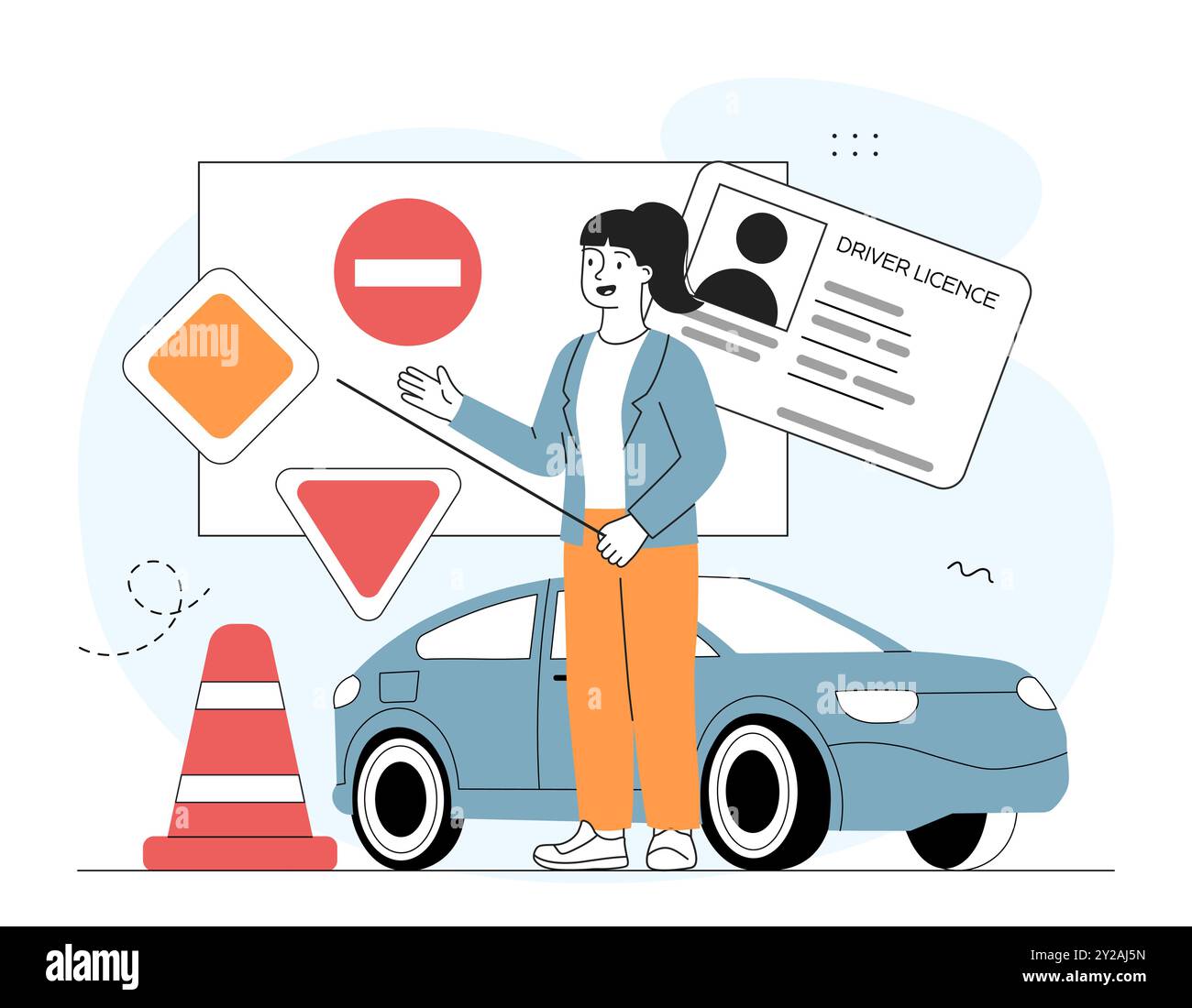 Woman with traffic rules. Young girl stands near car, traffic cone and ...