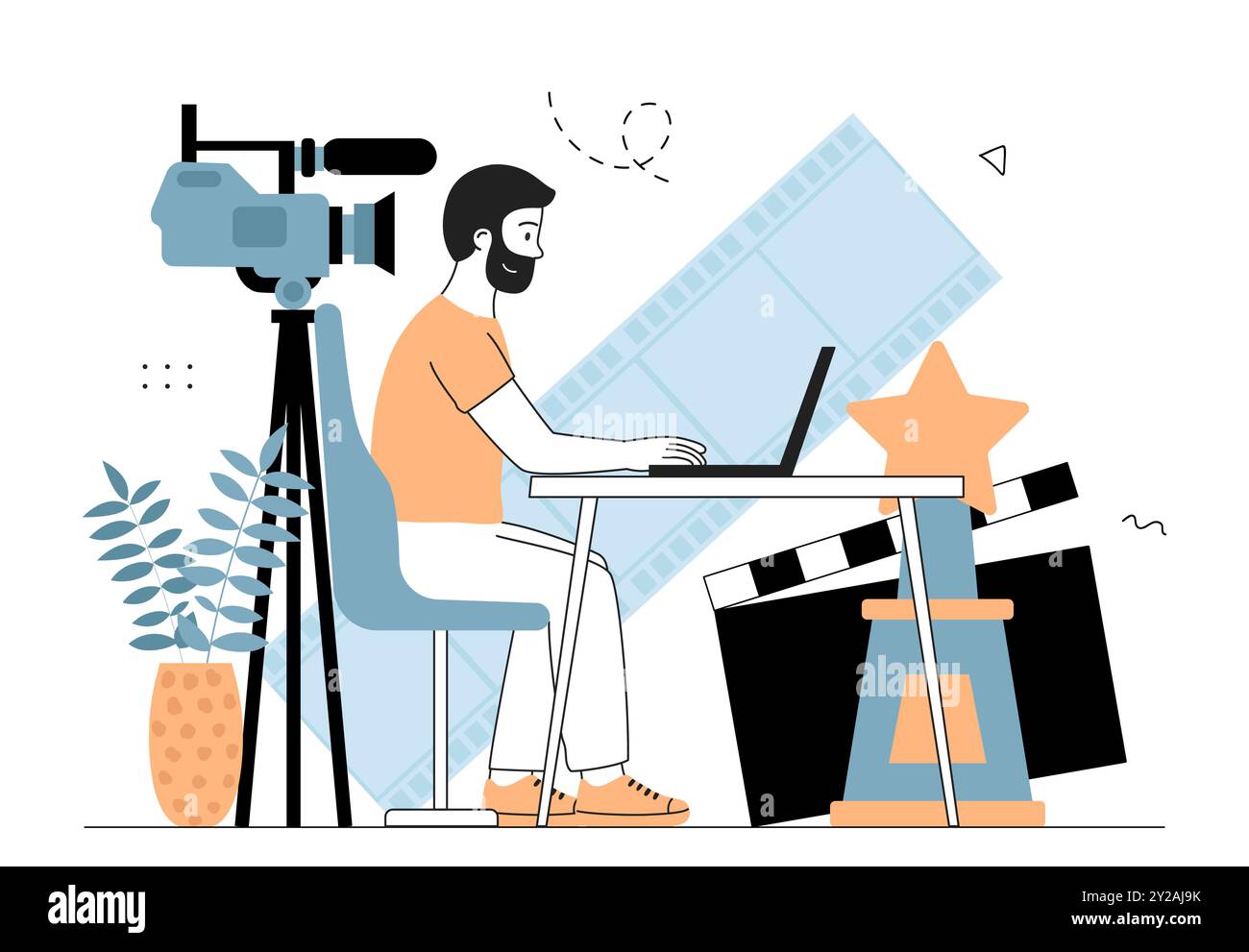 Screenwriter man with laptop. Young guy near camera and tickets ...