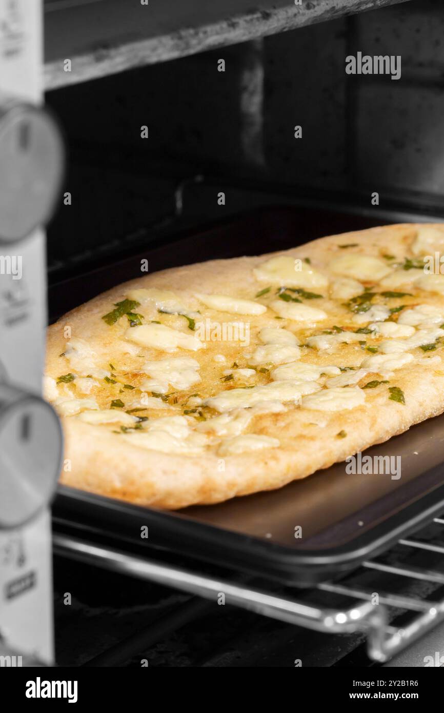 Garlic flat bread with cheese and herbs cooked in an electric oven ...