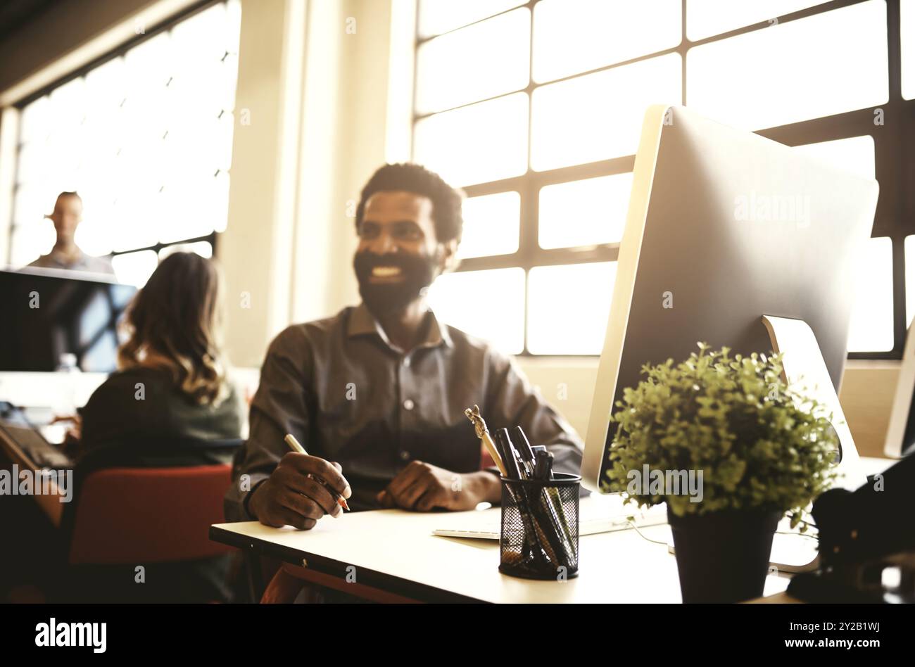 Office, thinking and businessman with computer for research, typing and ...