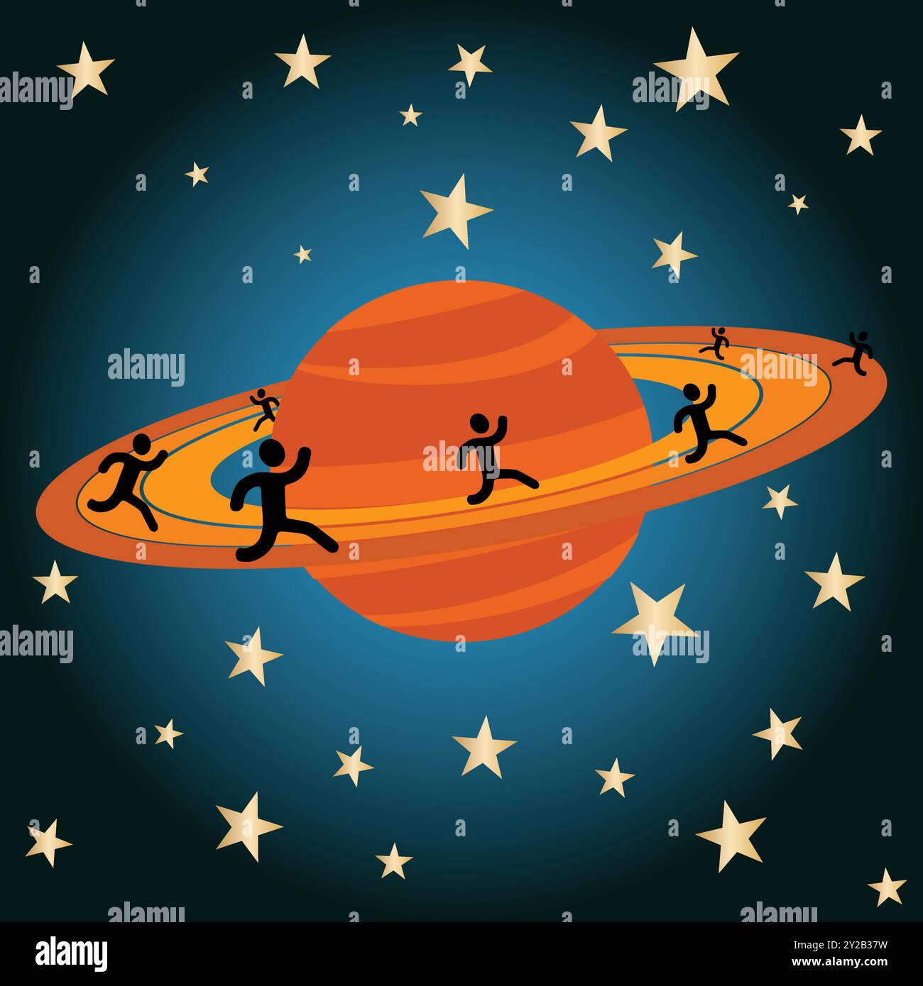 Silhouettes of seven persons running on planet Saturn rings Stock ...