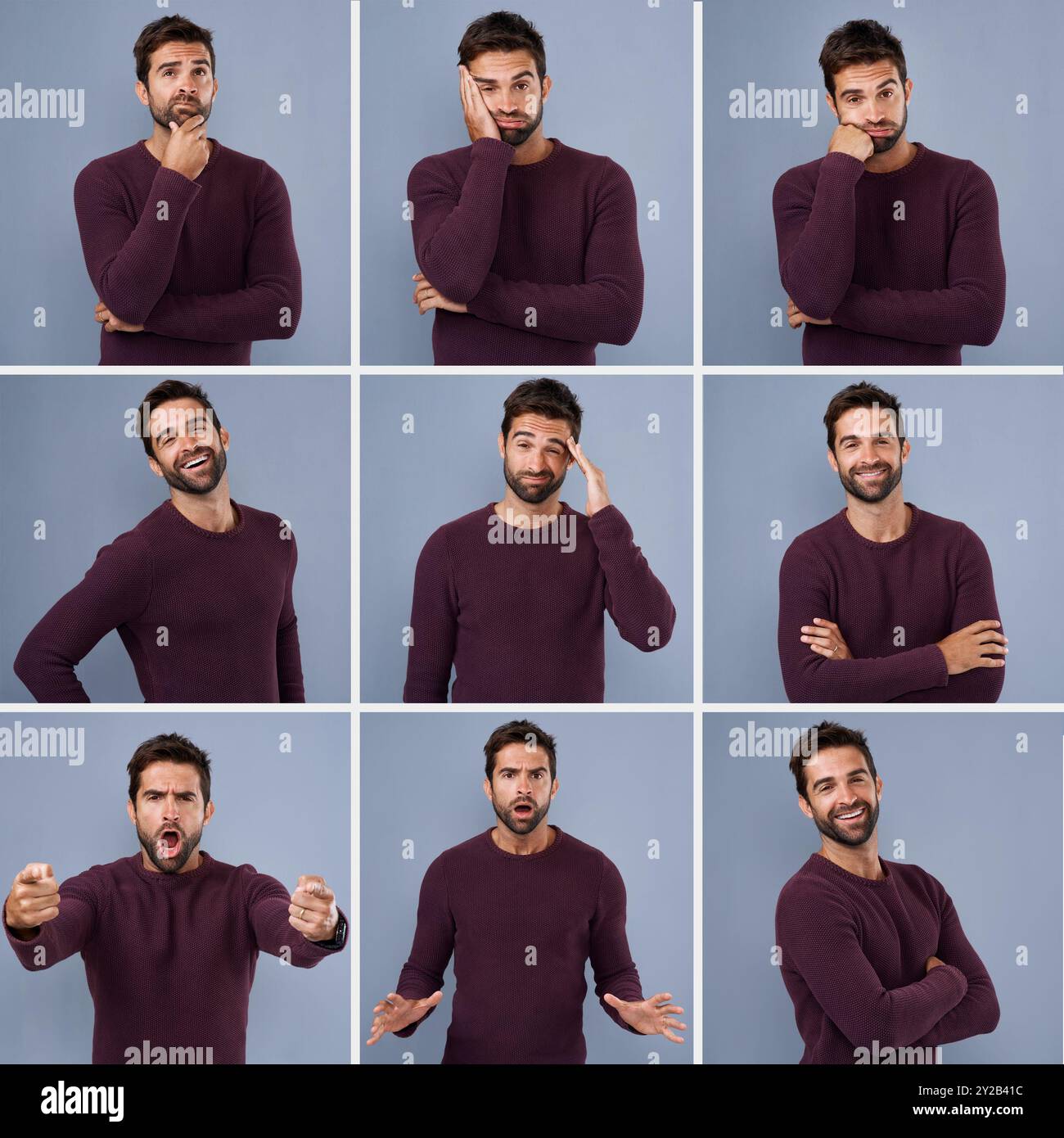 Man, portrait and studio collage with expression, confidence and unique ...