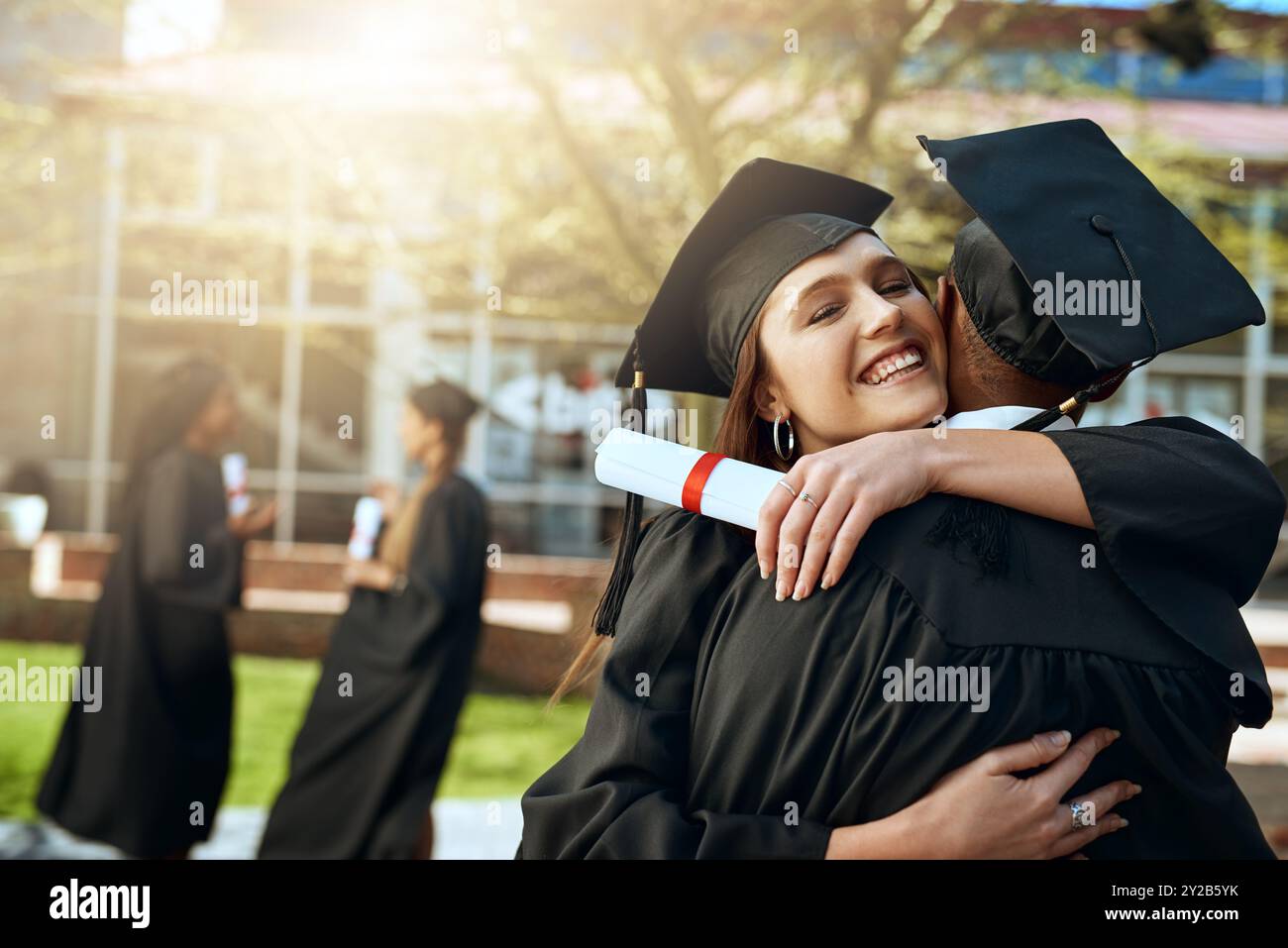 Excited, people and hug for graduation celebration, education ...