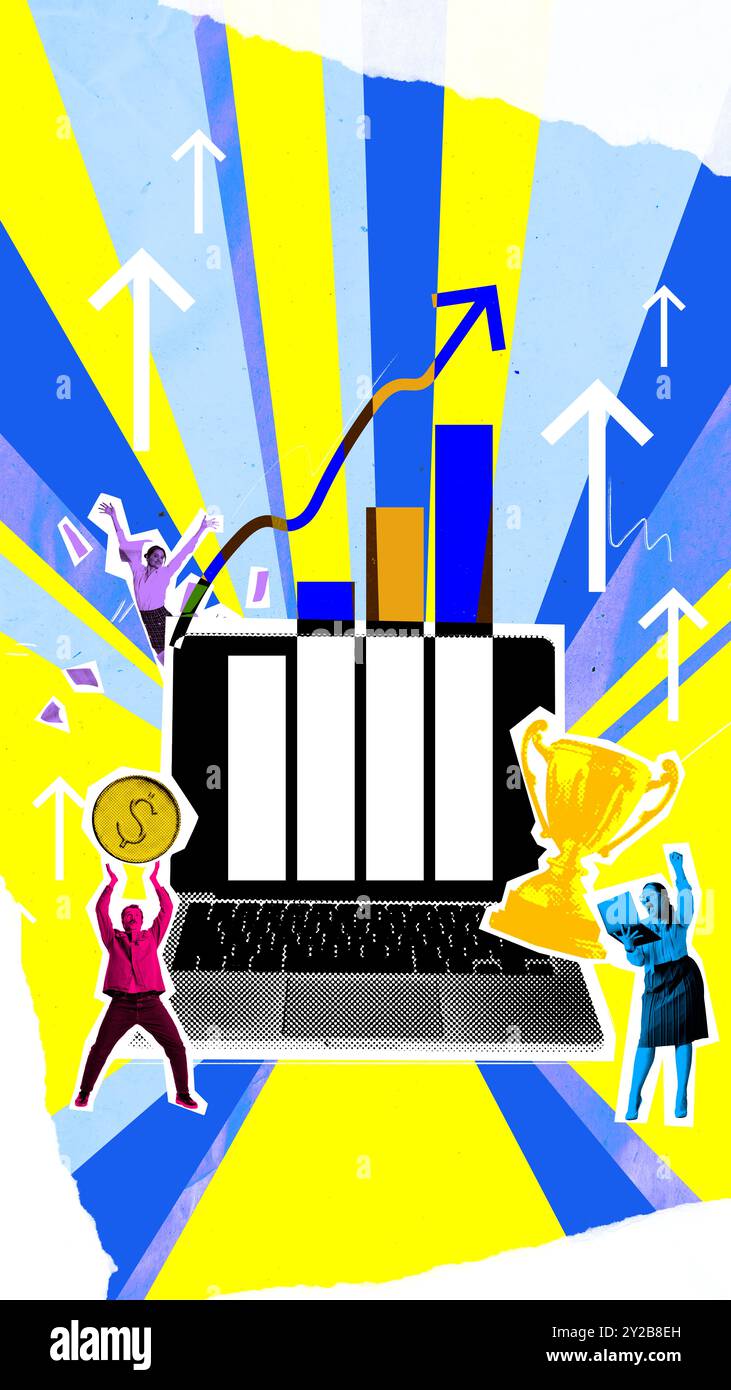 Computer screen with rising bar graphs, trophy, and people celebrating ...