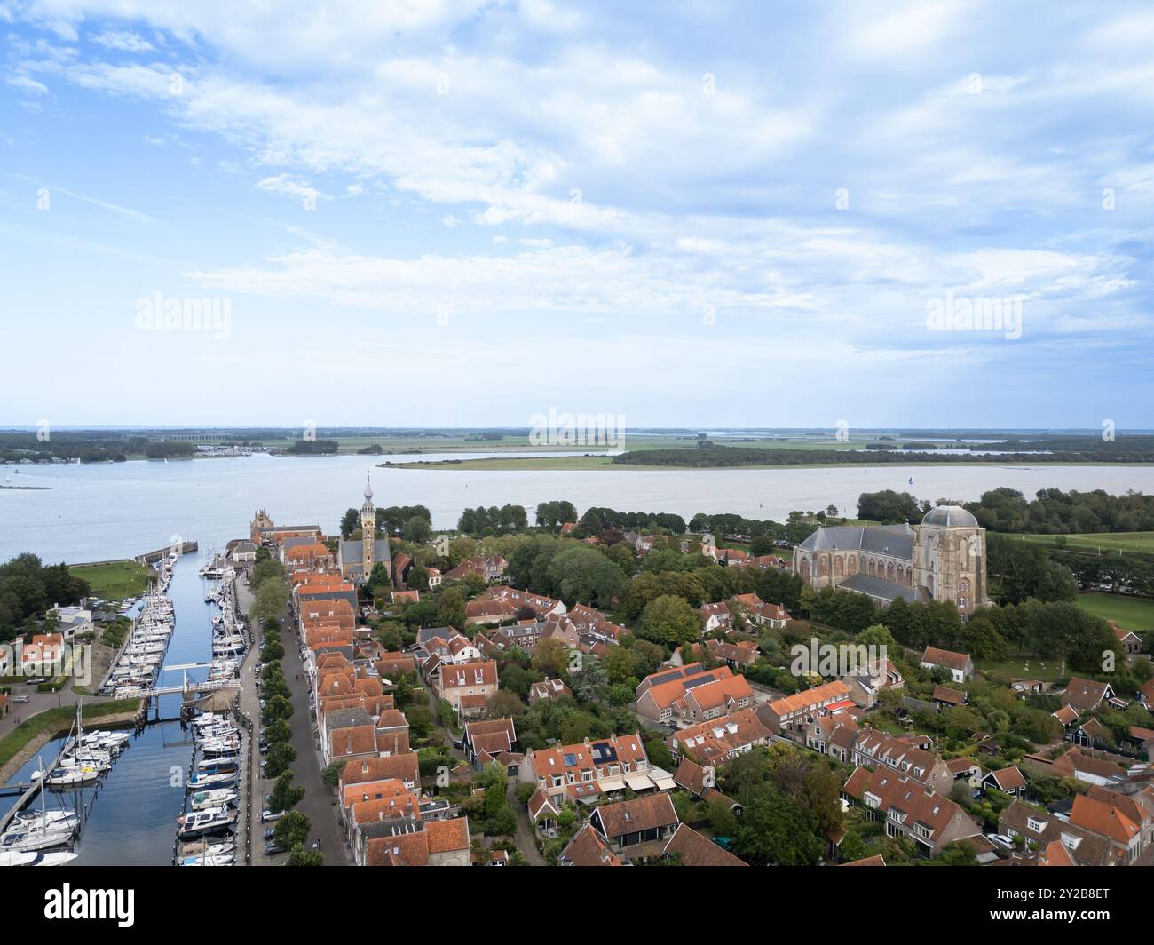 Aerial drone view of Veere Zeeland. Town Hall stadhuis in Dutch ...