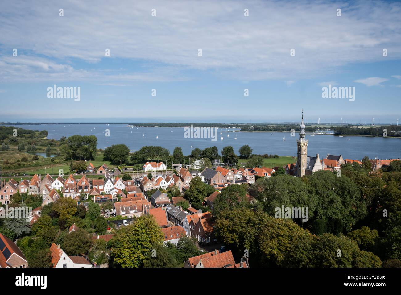 elevated view of Veere Zeeland. Town Hall stadhuis in Dutch shot from ...