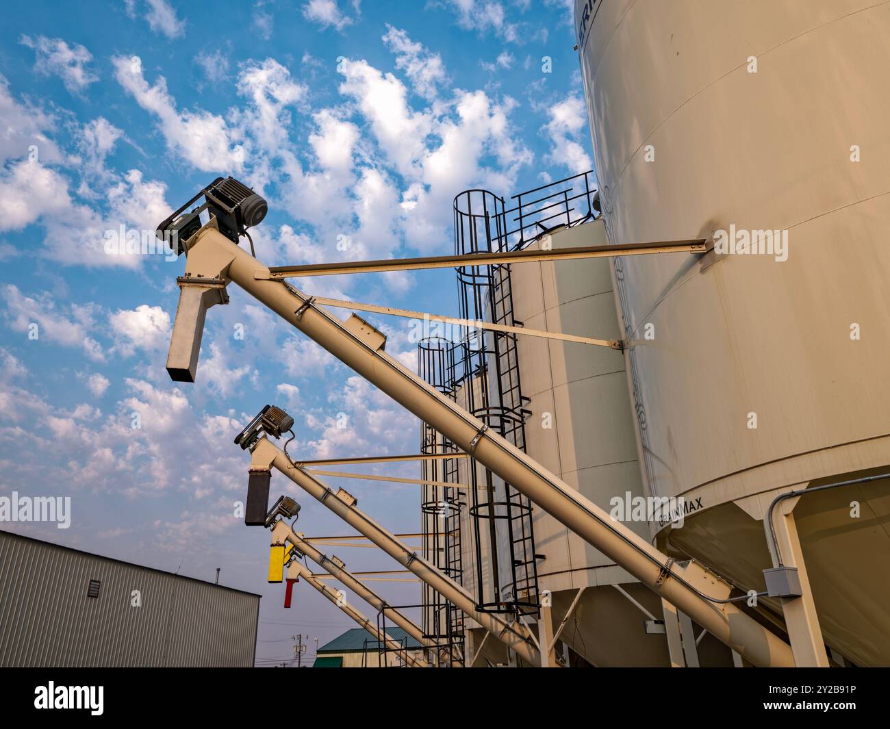 The loadout spouts on Meridian Grain Max storage bins at a grain ...