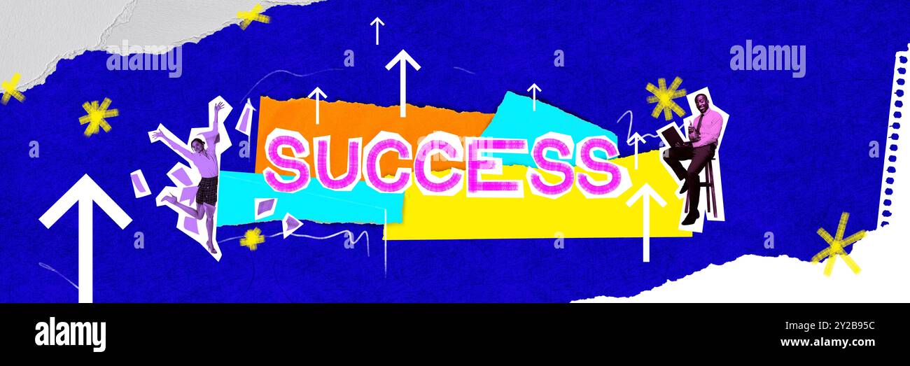 Success in vibrant colors, with joyful people and upward arrows ...