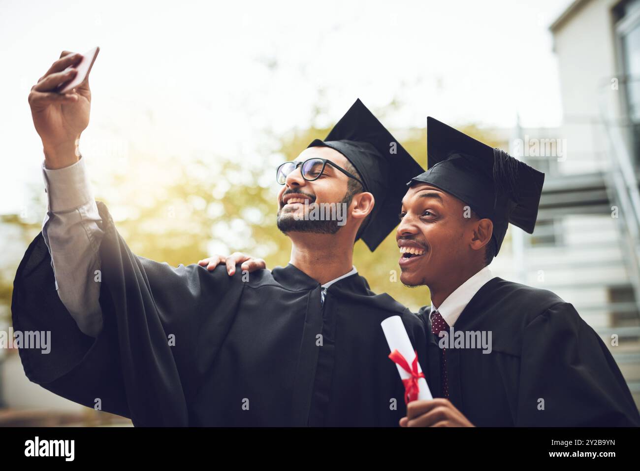 Happy men, graduates and selfie with certificate for graduation memory ...