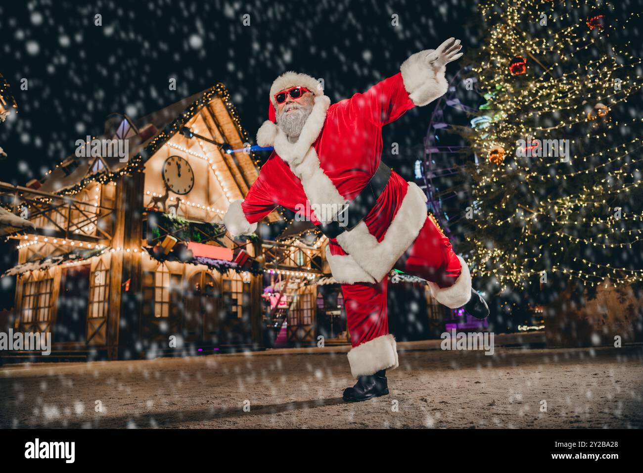 Photo of cool cheerful funky retired man crazy grandpa walking snowy ...