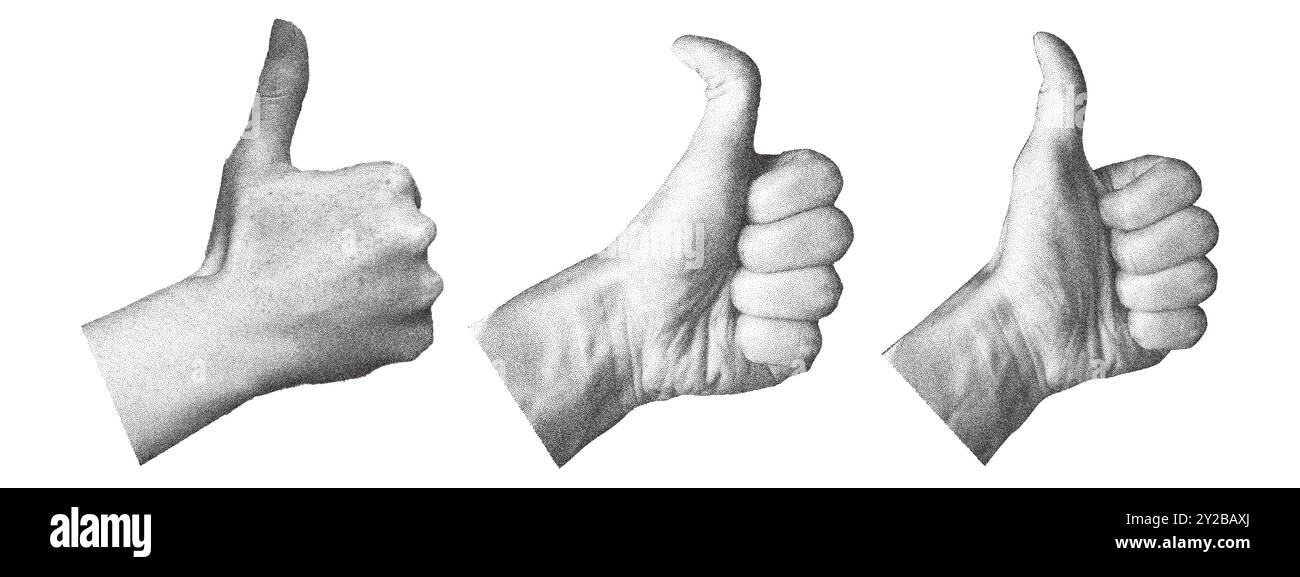 Set of human hands gestures with retro photocopy effect. Thumbs up. Y2k ...