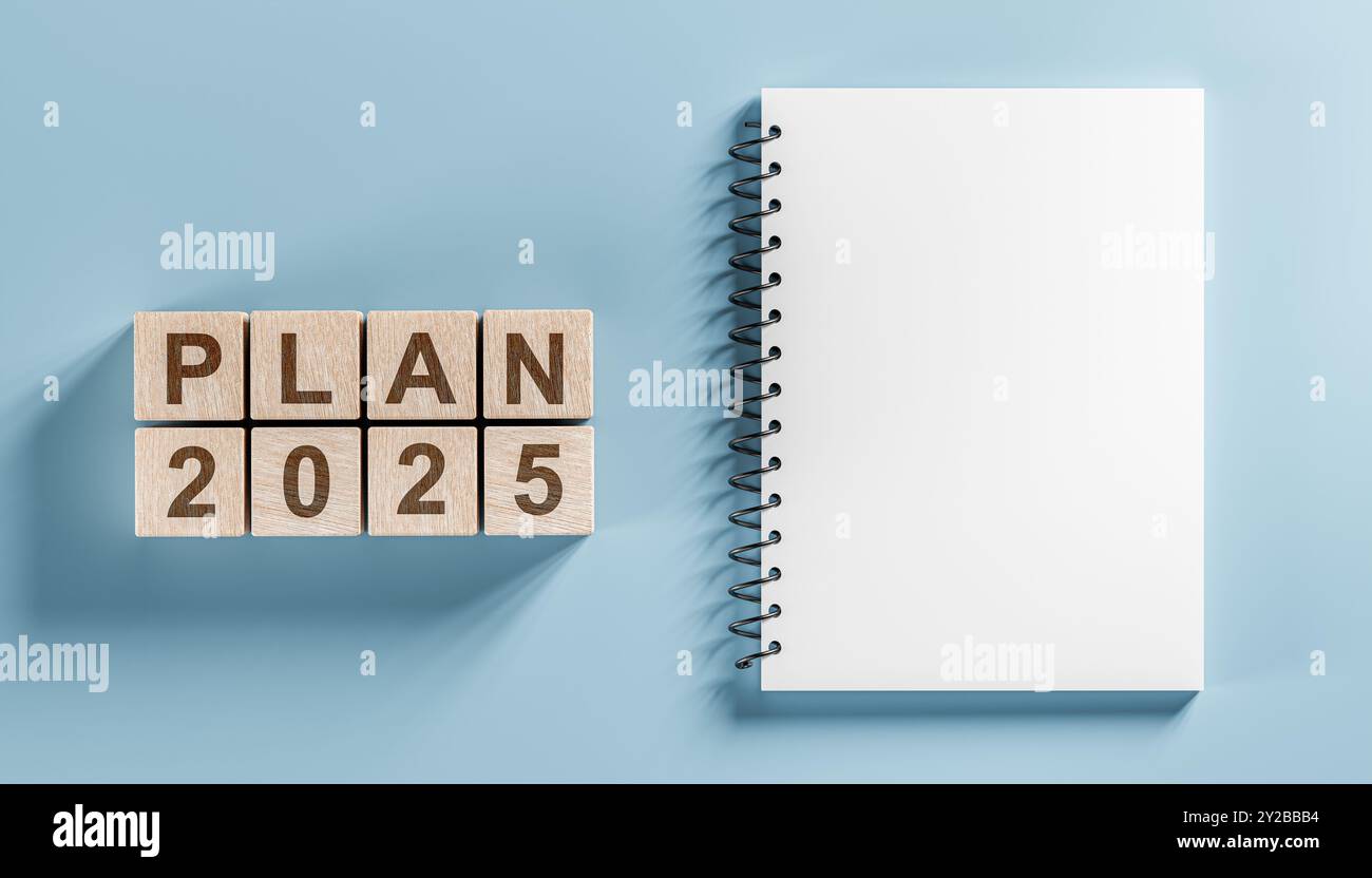 2025 mockup notepad. 2025 cubes wooden table background. New Year ...