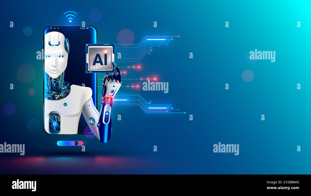 Phone with AI, artificial intelligence electronic chip. Robot on screen ...