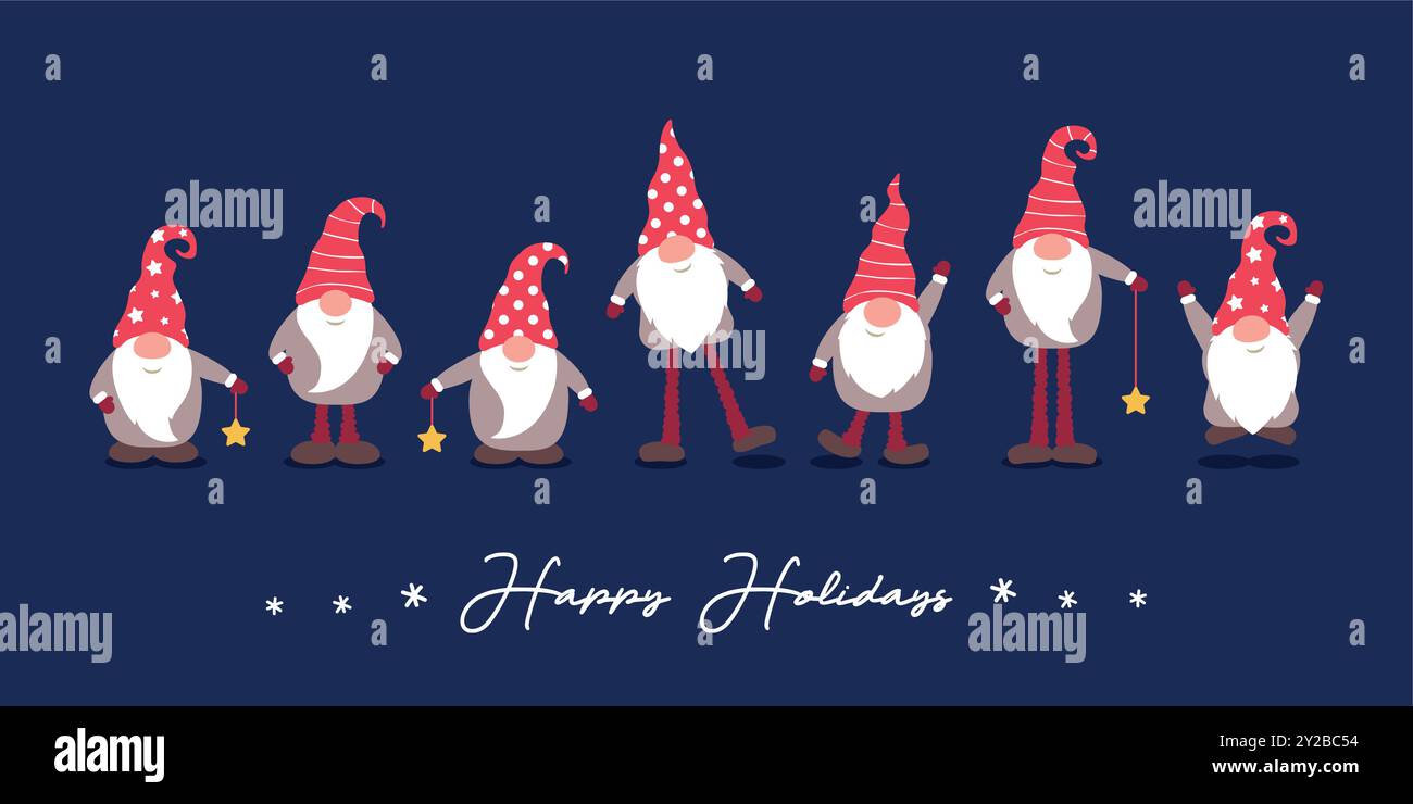 christmas greeting card with cute christmas dwarf in winter vector ...