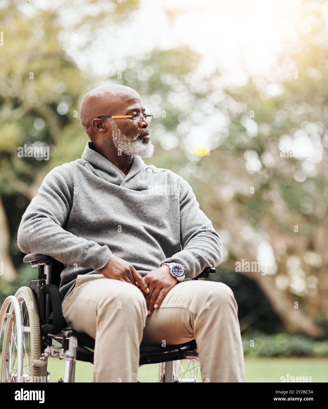 Thinking Park And Elderly Black Man In Wheelchair With Memory