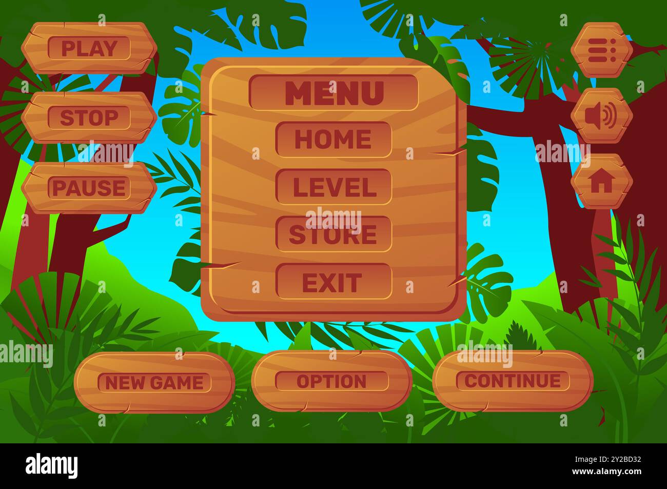 Wooden game interface. Cartoon playing menu. Jungle location design. Screen assets. Plywood ...